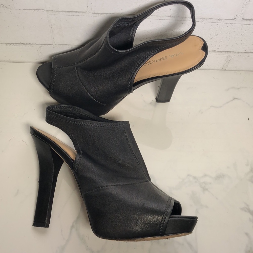 Via Spiga Inga Black Leather Platform Slingback Sandal - Gem